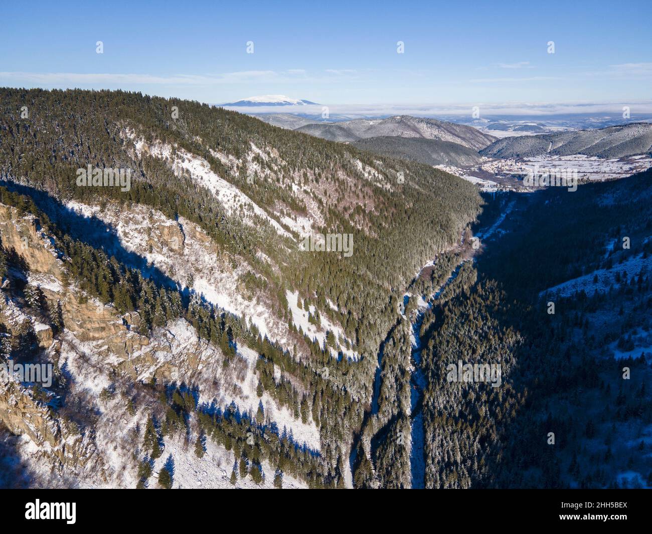 Aerial winter view of Rila Mountain near Beli Iskar river, Sofia Region ...