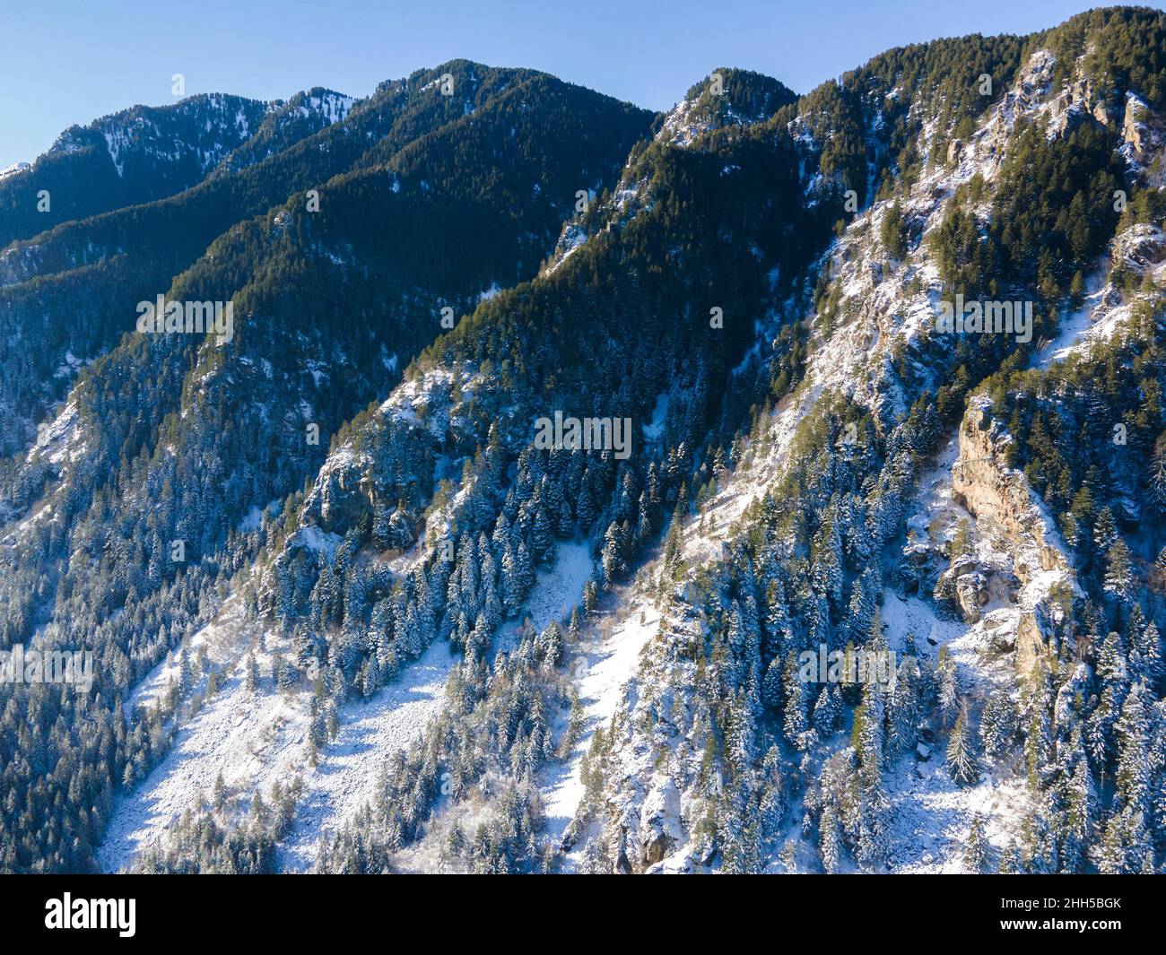 Aerial winter view of Rila Mountain near Beli Iskar river, Sofia Region ...