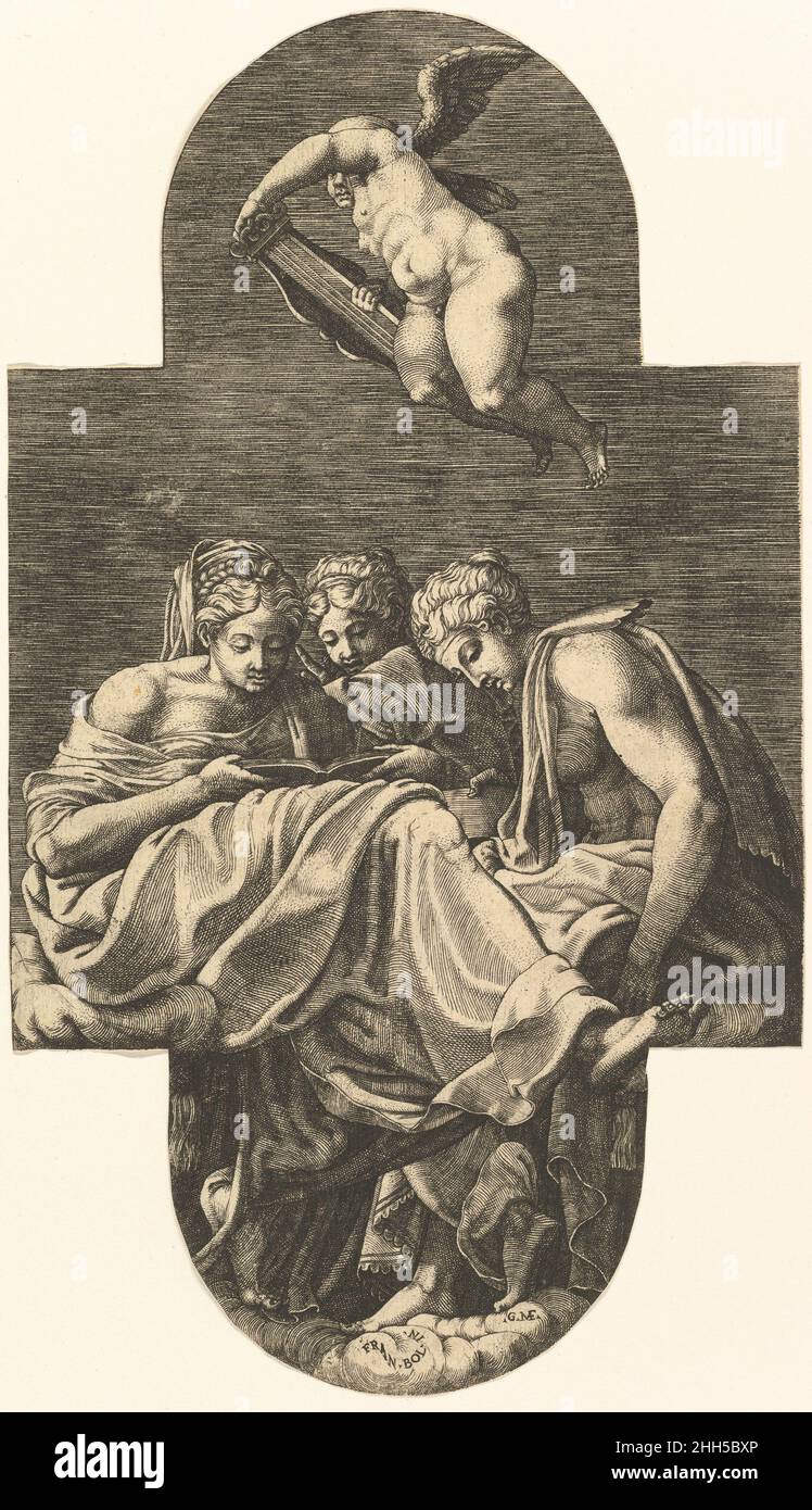 Three Muses and a putto above with a lyre, from a series of eight ...