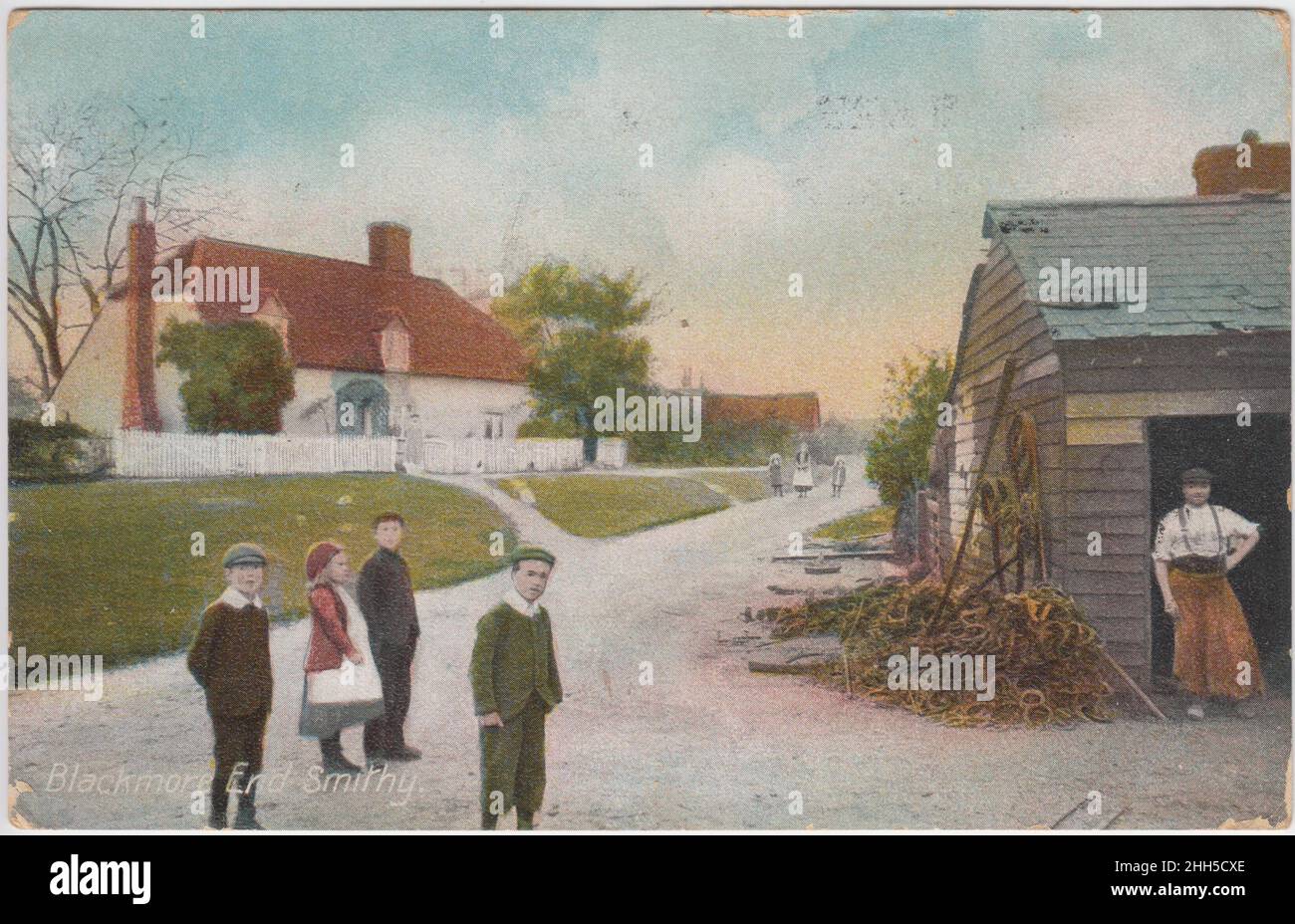 'Blackmore End smithy': the smith is shown standing in the doorway of ...