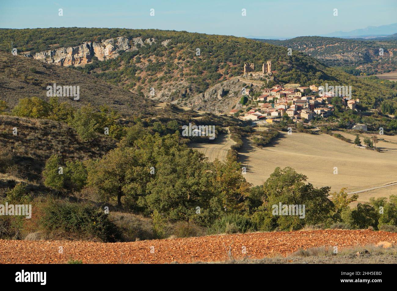 View of castle and village Pelegrina in park Barranco del Rio Dulce ...