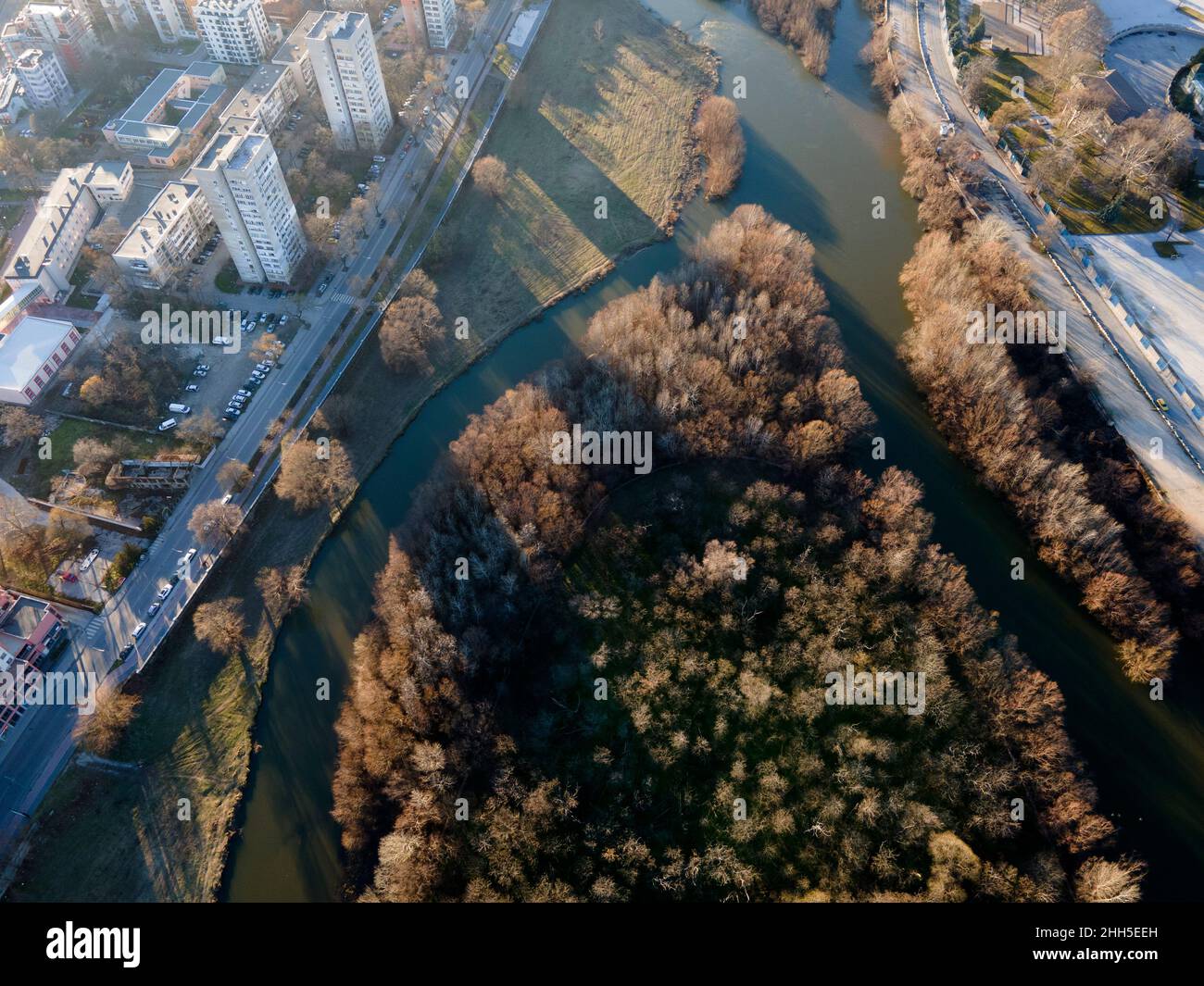 Amazing Aerial view of Maritsa river and panorama to City of Plovdiv ...