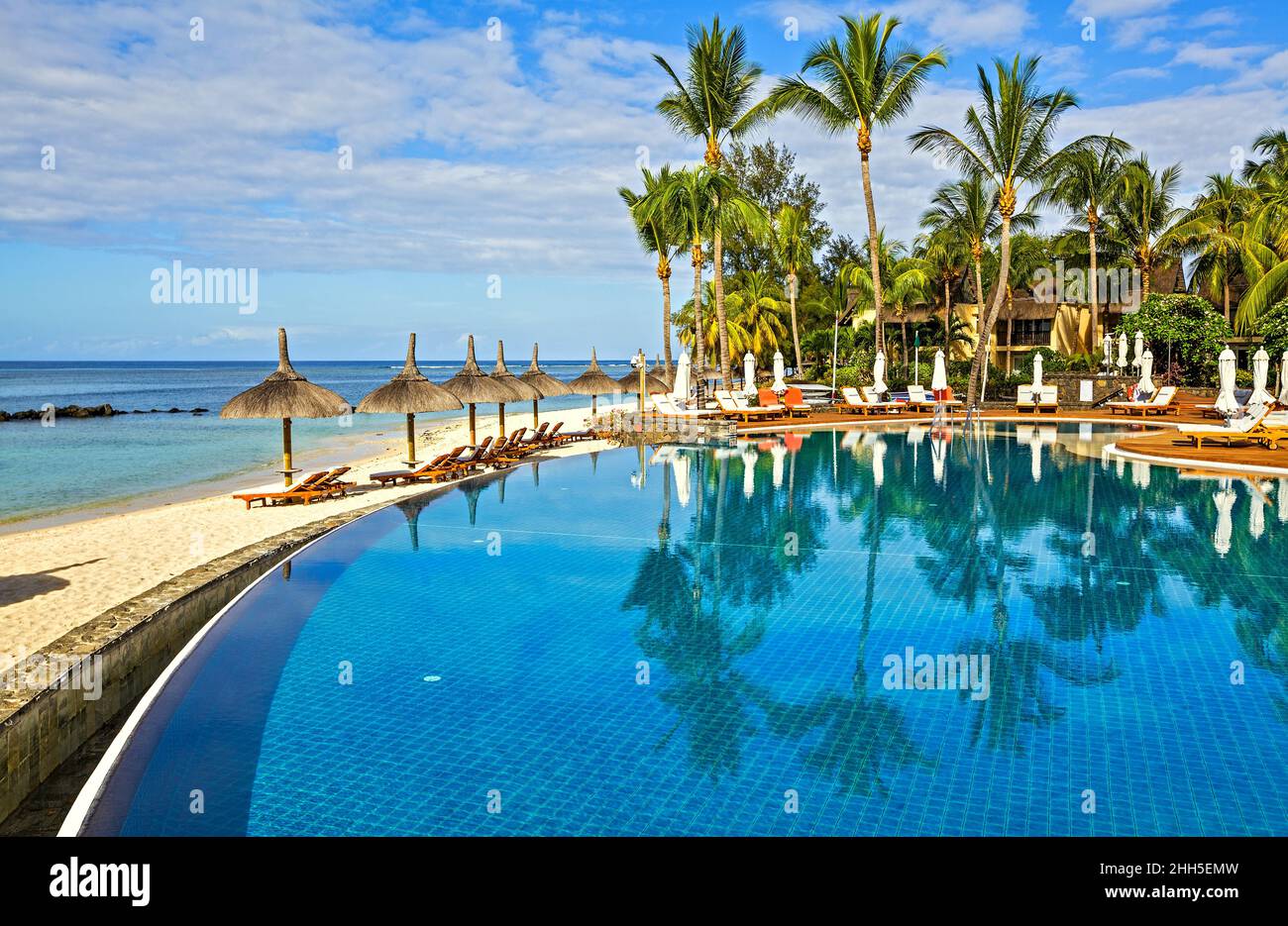 Beach pool in a tropical hotel. Mauritius, The Indian Ocean Stock Photo ...