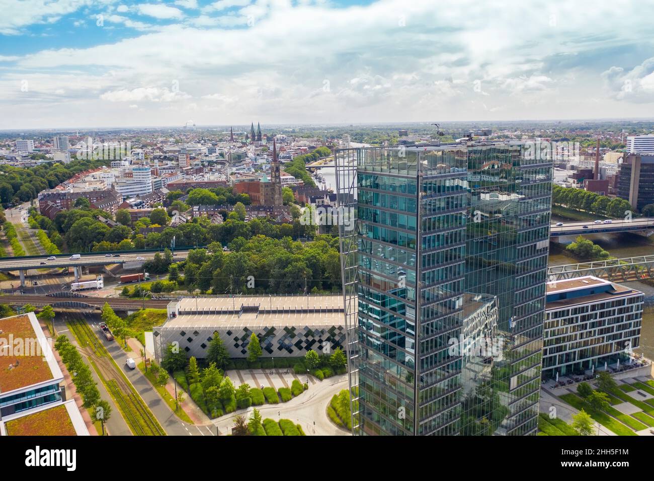 Germany, Bremen, Aerial view of Weser Tower and surrounding cityscape ...