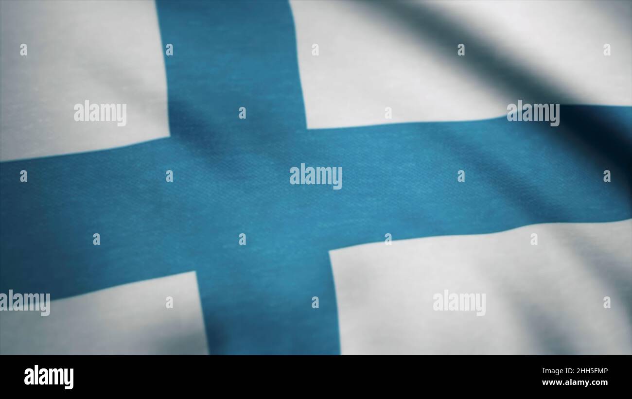 Realistic flag of Finland on the wavy surface of fabric. This flag can ...