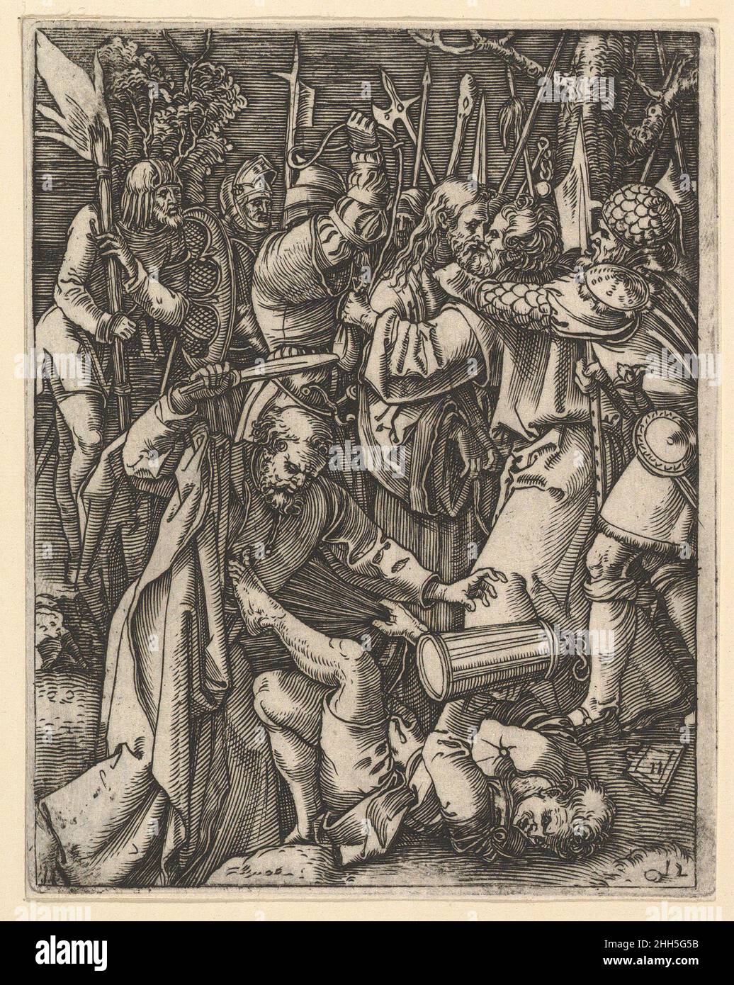 Judas kissing Christ surrounded by soldiers; St Peter attacking Malchus ...