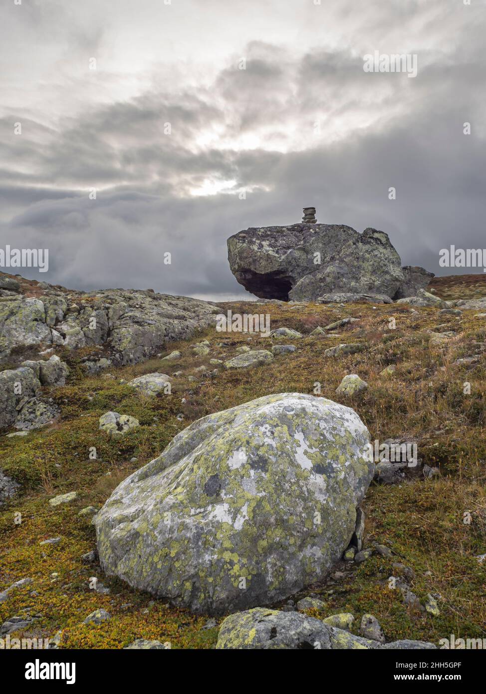 Boulders at Hardangervidda plateau with small cairn in background Stock ...