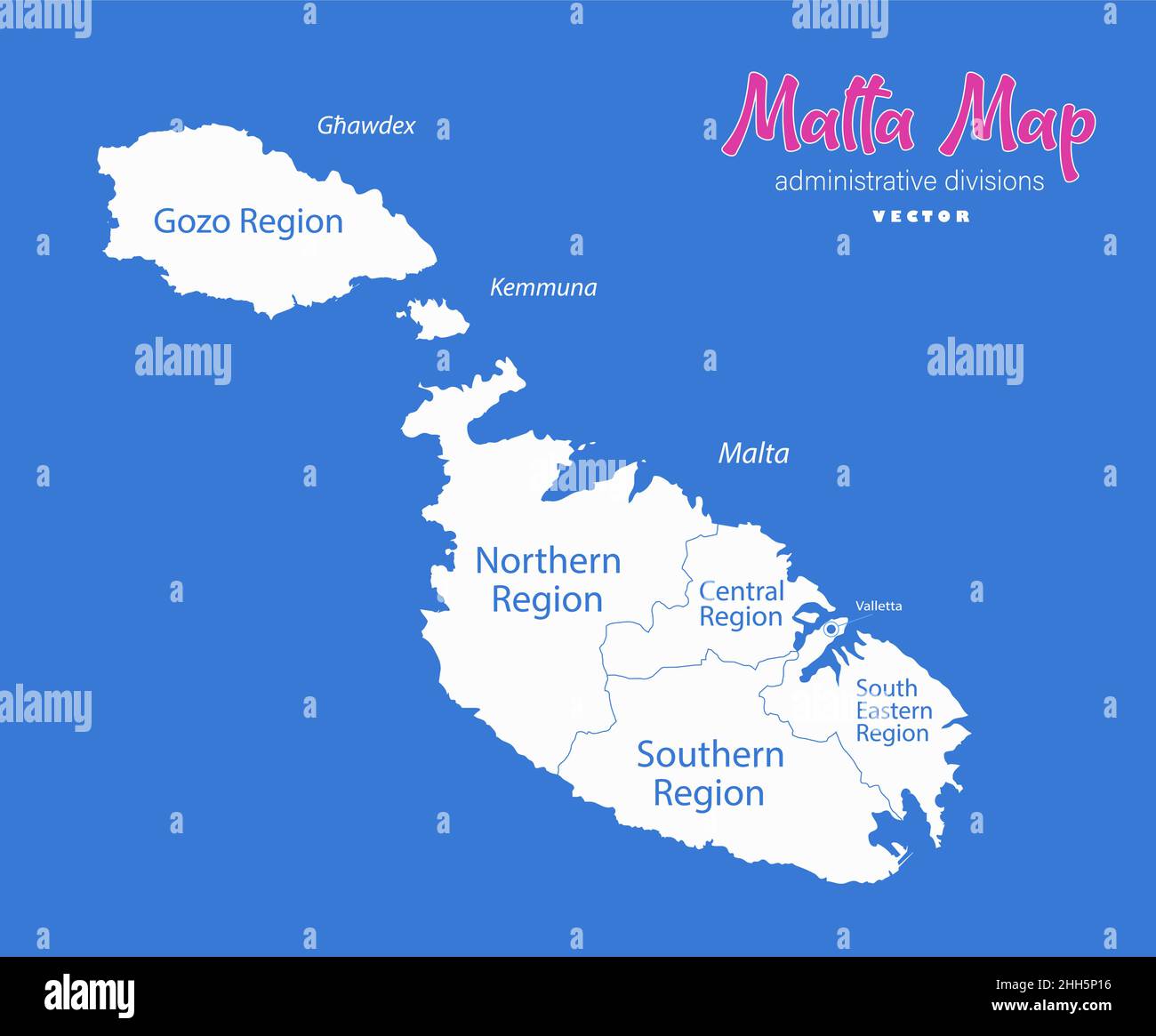Malta regions map whit names, blue background vector Stock Vector Image ...