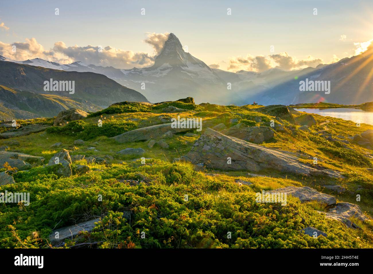 Beautiful green landscape with Matterhorn mountain at summer in Zermatt ...