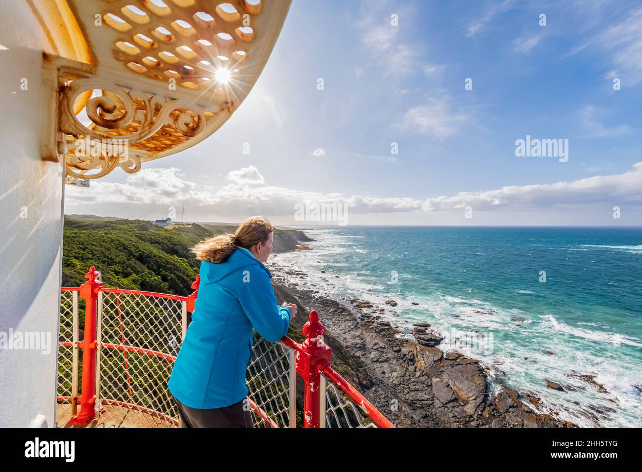Australia, Victoria, Cape Otway, Female tourist admiring view of Bass ...