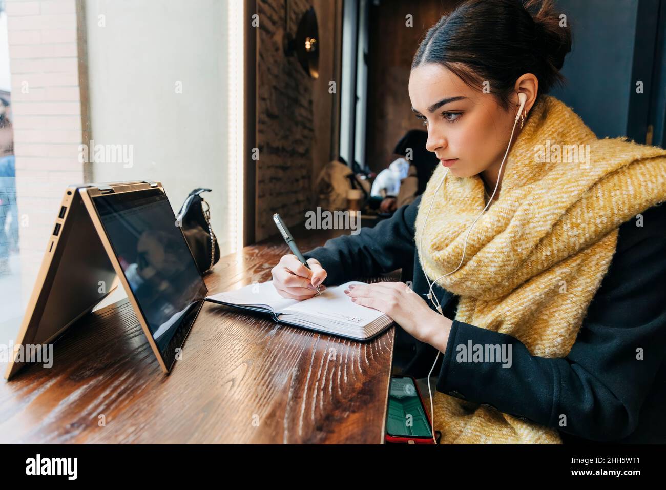 Concentrated girl e-learning through laptop in cafe Stock Photo - Alamy