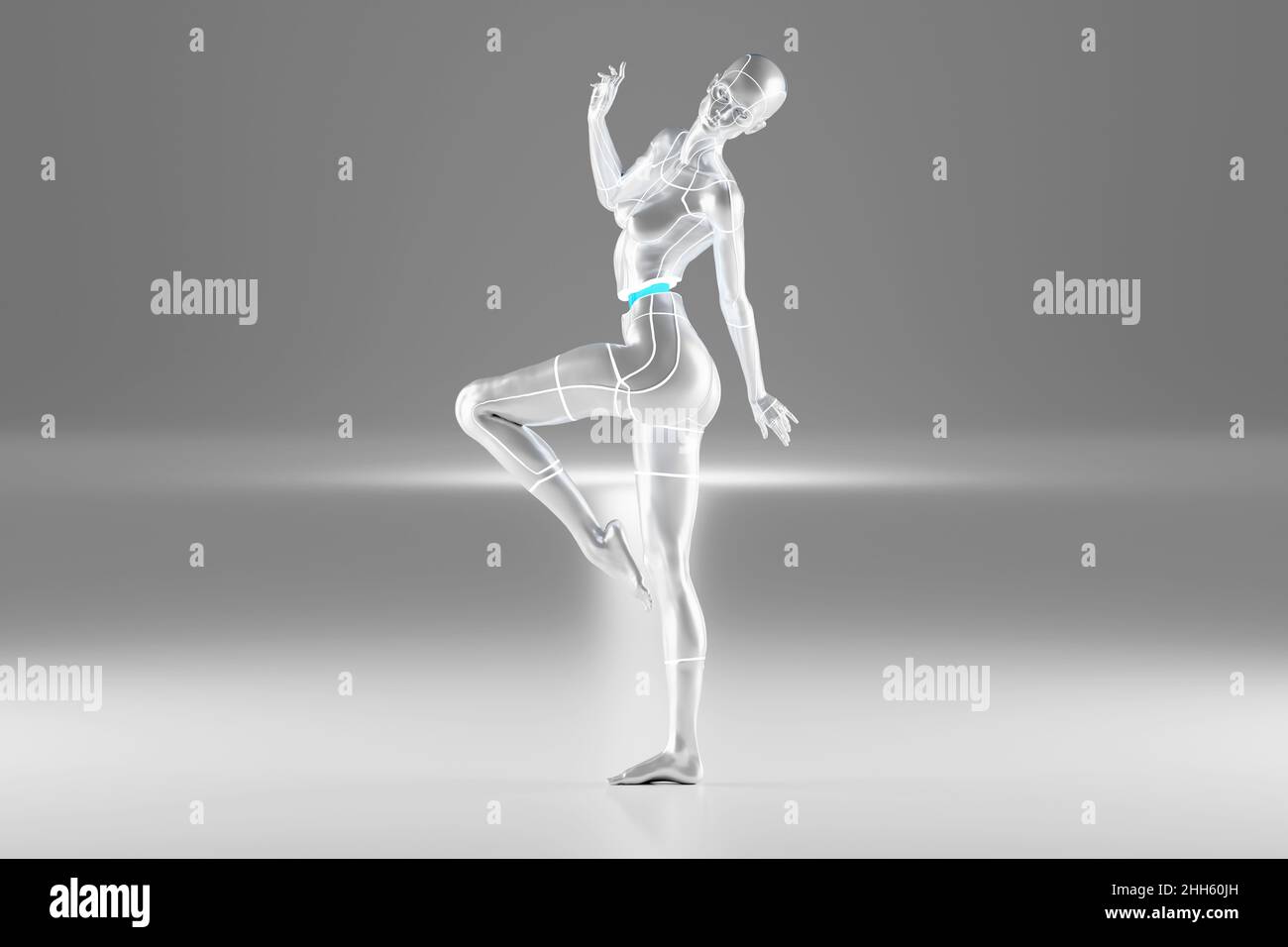 Three dimensional render of gynoid standing on one leg against white ...
