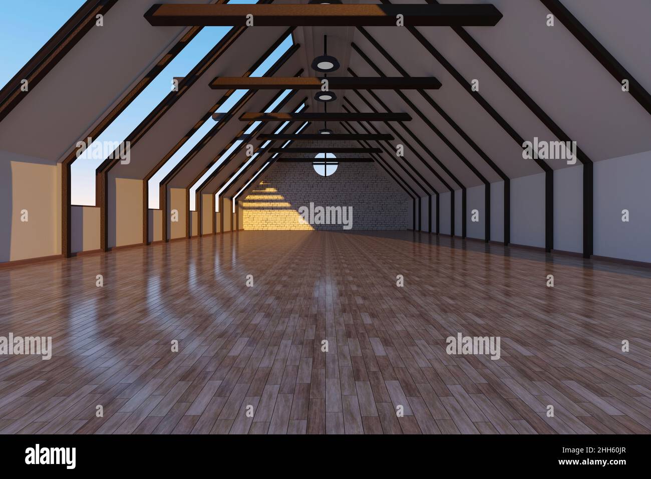 Three dimensional render of empty attic with wooden floor Stock Photo ...