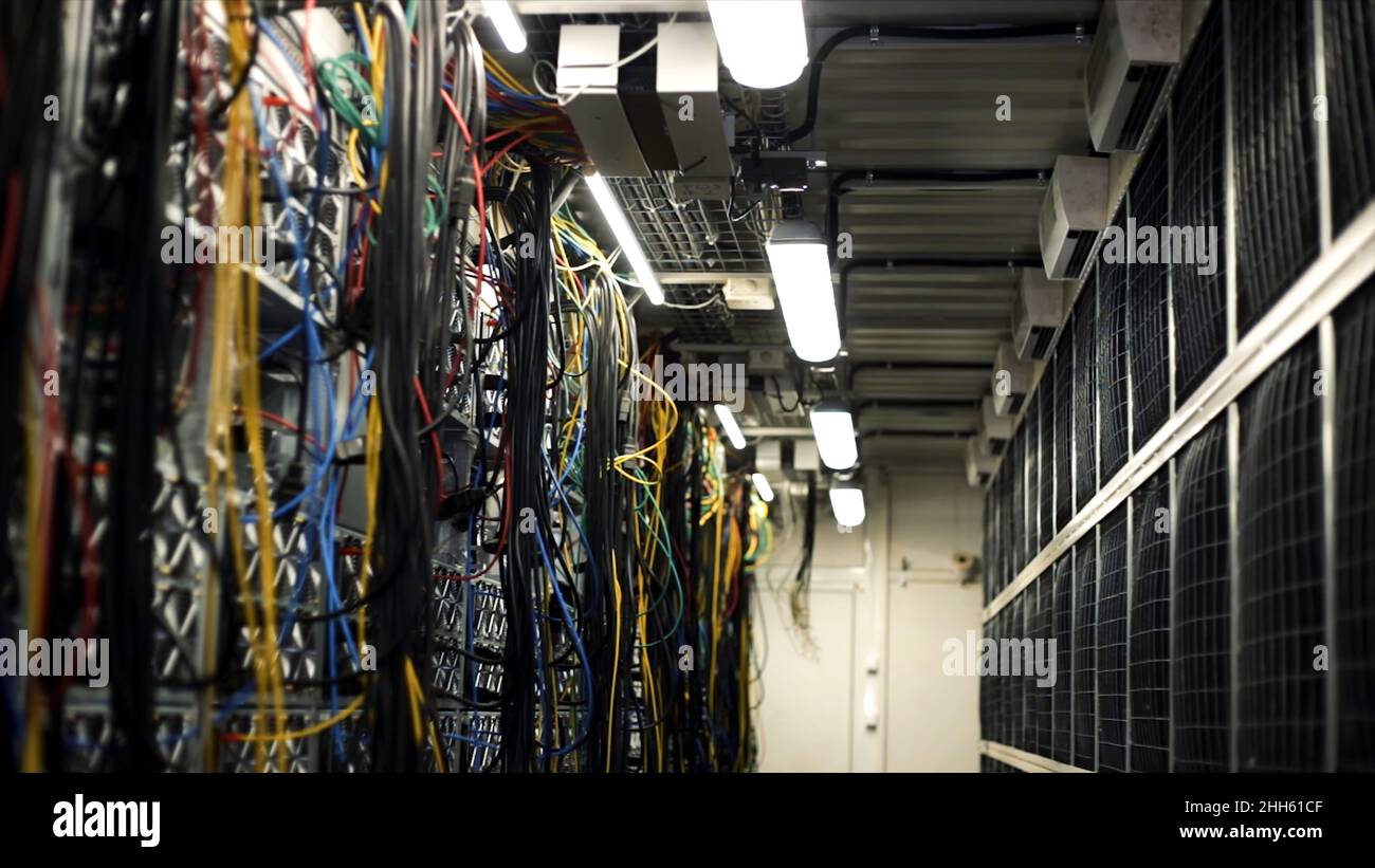 Inside room with data centers and cables. Stock footage. Room with data ...