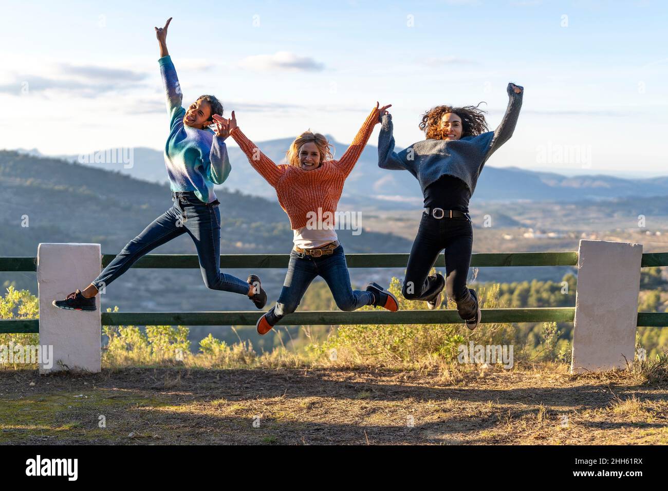 Excited friends holding hands jumping together on sunny day Stock Photo ...
