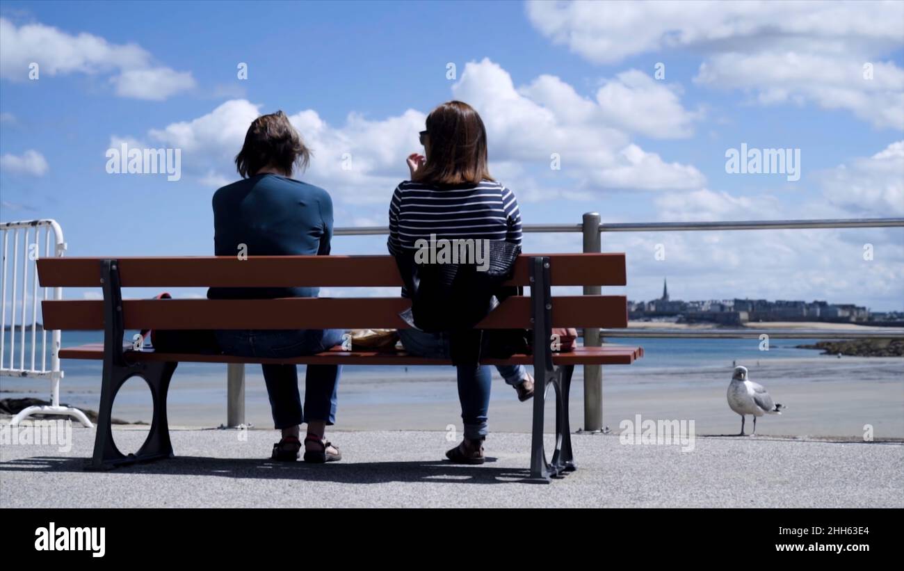 Friend sitting on bench waterfront. Action. Rear view two friends ...