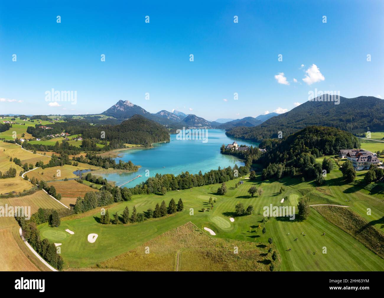 Drone view lake fuschl surrounding golf course summer hi-res stock ...