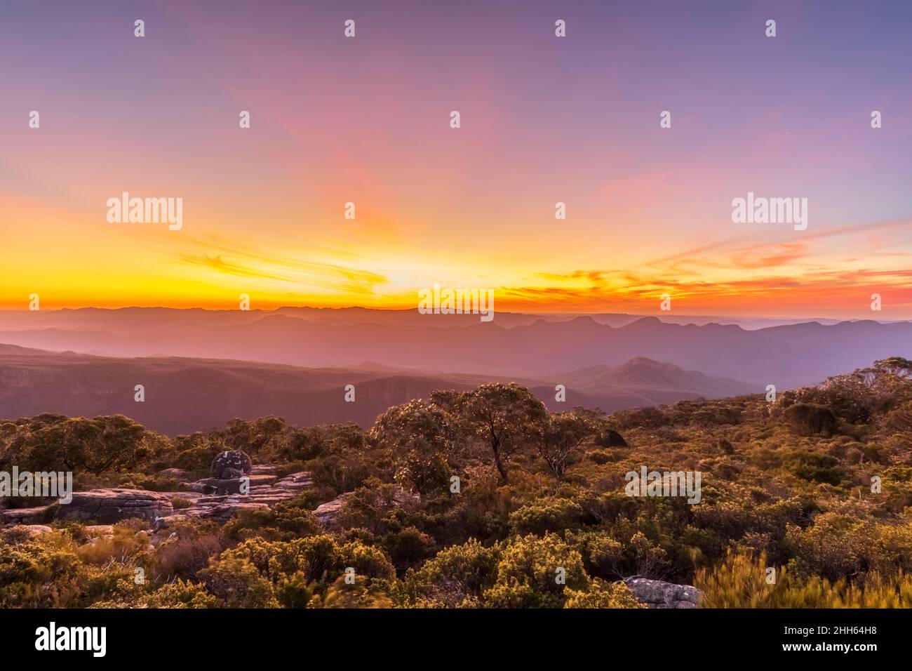 Australia, Victoria, Sunset seen from Mount William in Grampians ...
