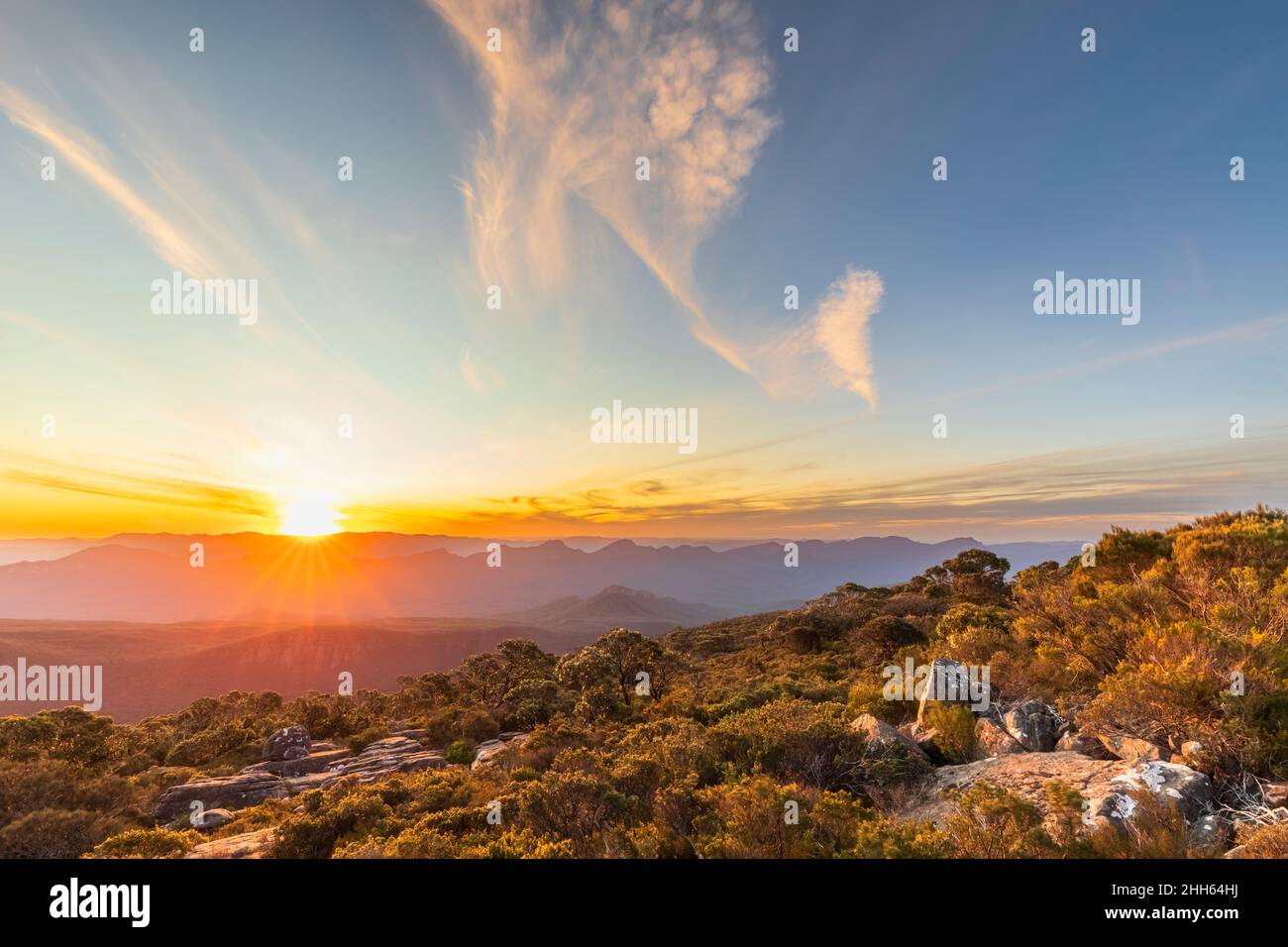Australia, Victoria, Sunset seen from Mount William in Grampians ...