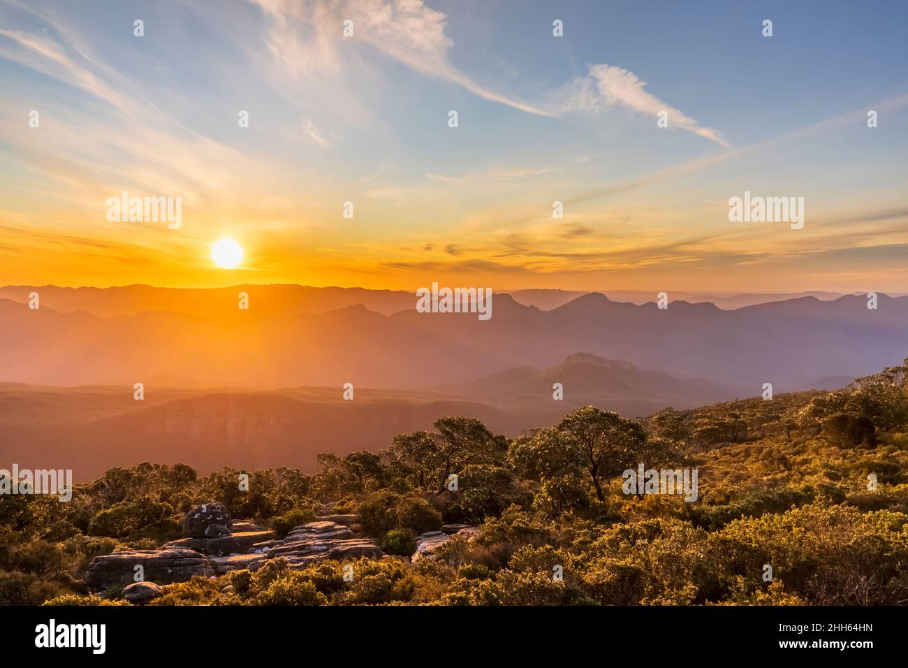 Australia, Victoria, Sunset seen from Mount William in Grampians ...