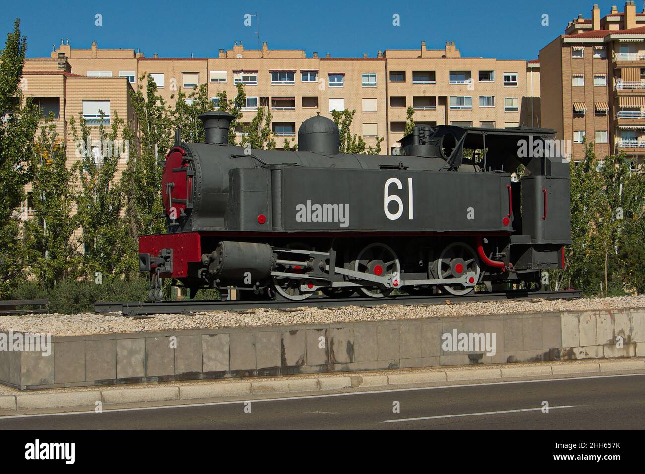 Historical steam locomotive at the Almozara Bridge in Zaragoza,Spain ...