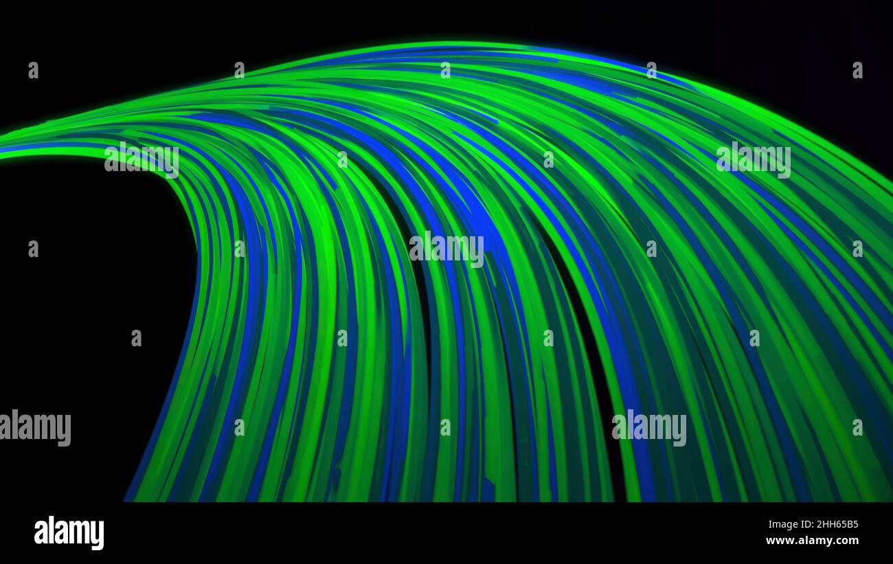Curved stream of multicolored lines on black background. Animation ...