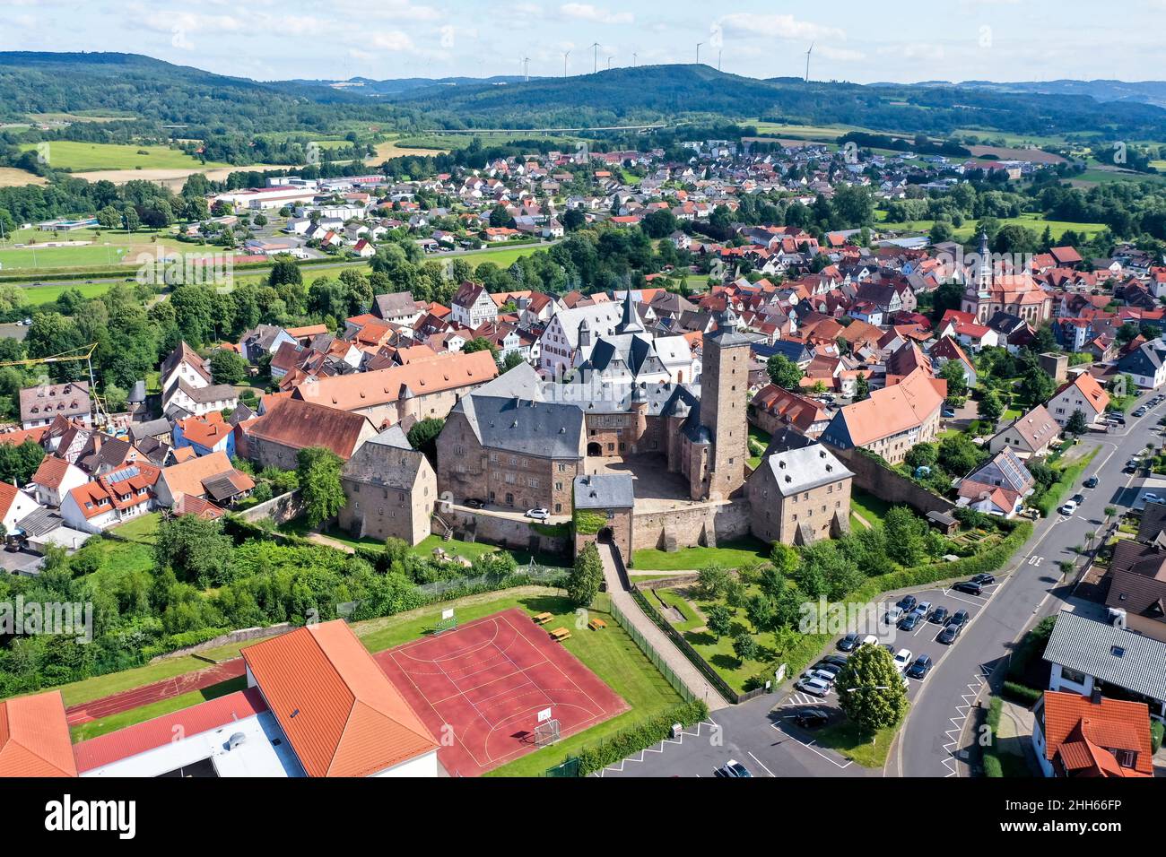 Germany, Hesse, Steinau an der Strasse, Aerial view of Schloss Steinau ...