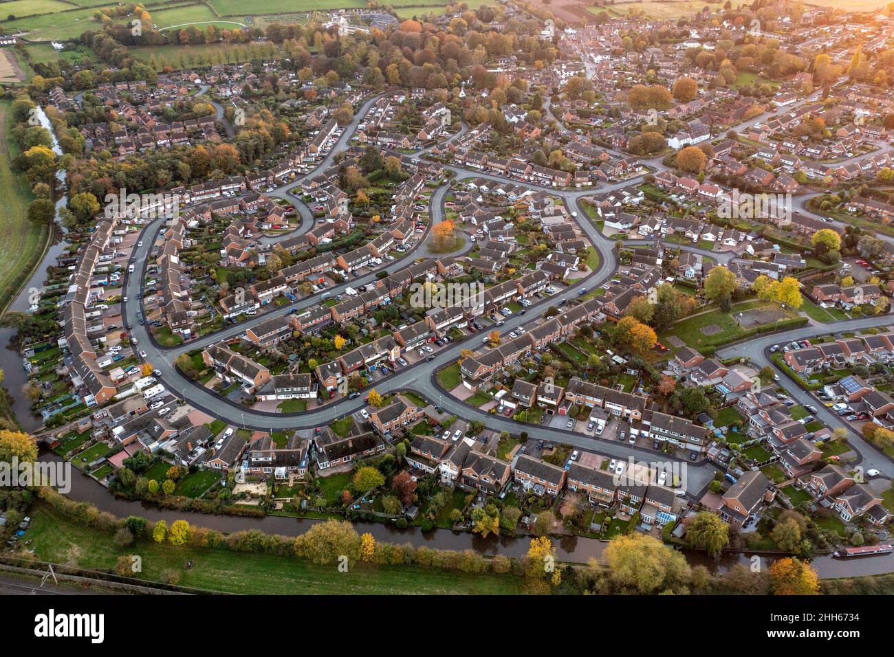 UK, England, Whittington, Aerial view of riverside town at dusk Stock ...