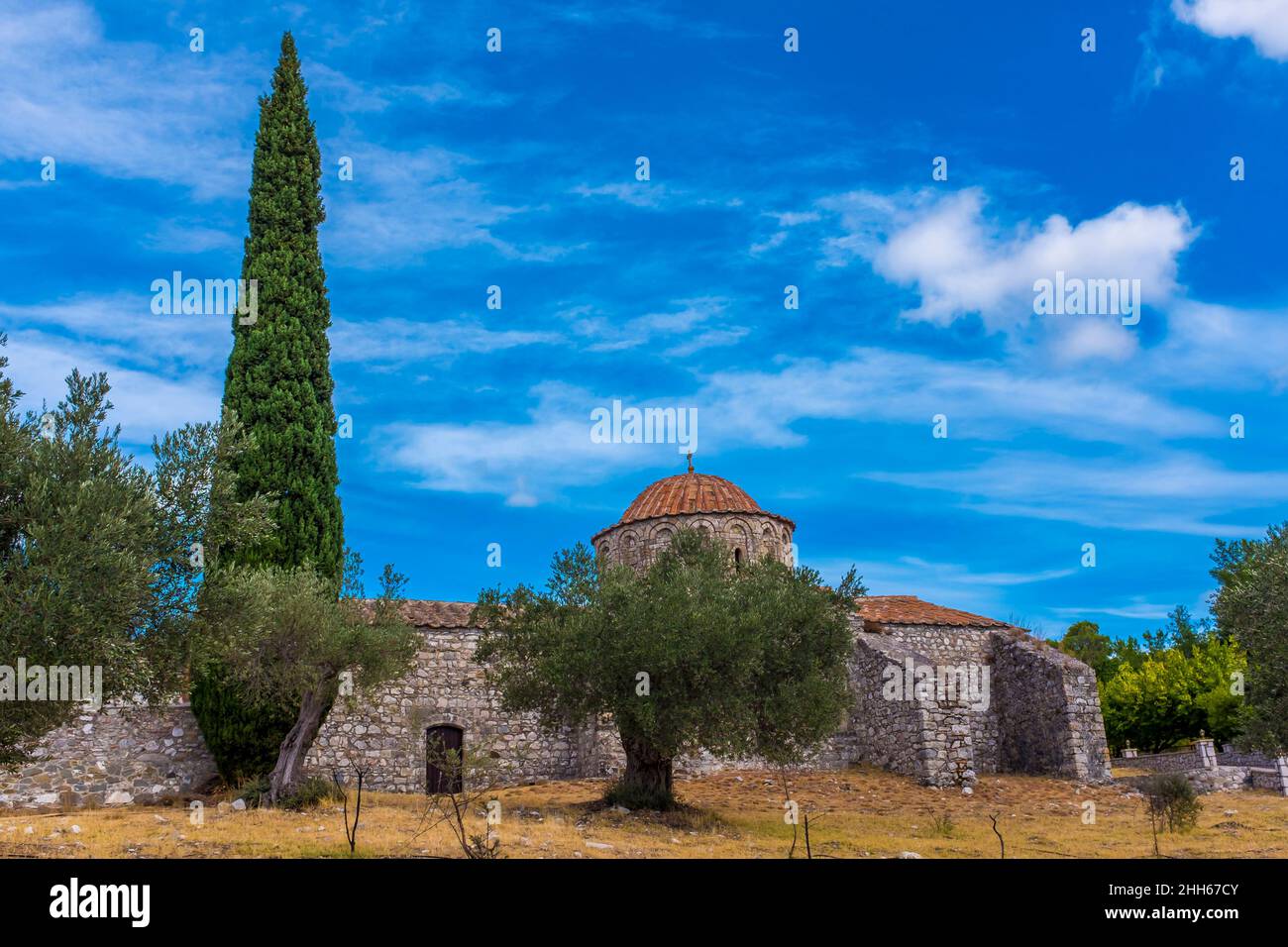 Greece, Rhodes, Rhodes, Exterior of Moni Thari monastery on summer day ...