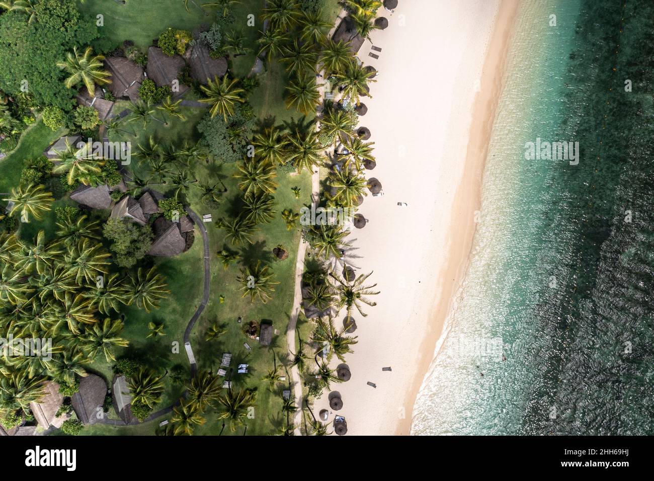 Mauritius, Black River, Flic-en-Flac, Helicopter view of sandy beach ...
