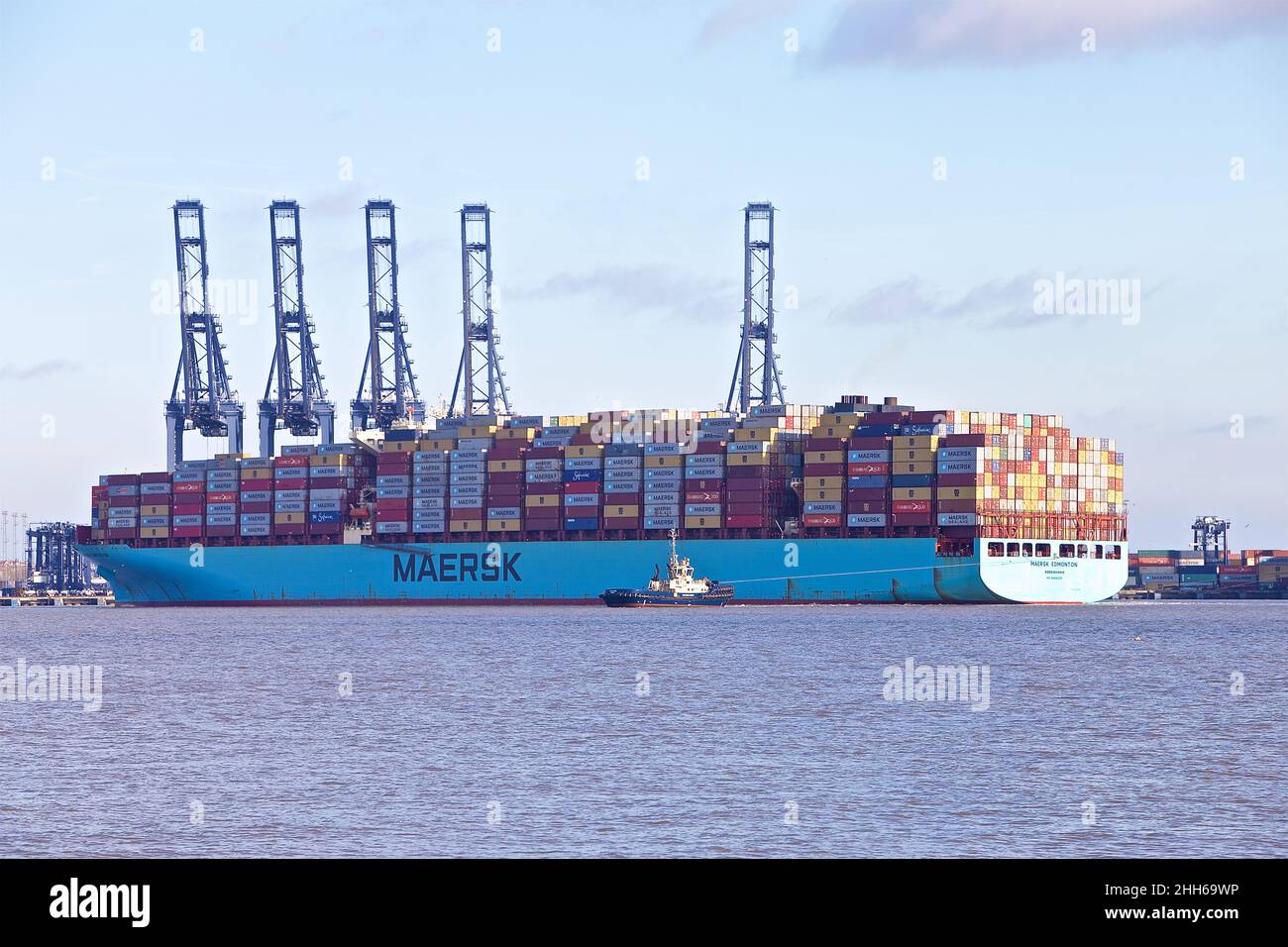 Container ship Maersk Edmonton docking at the Port of Felixstowe ...