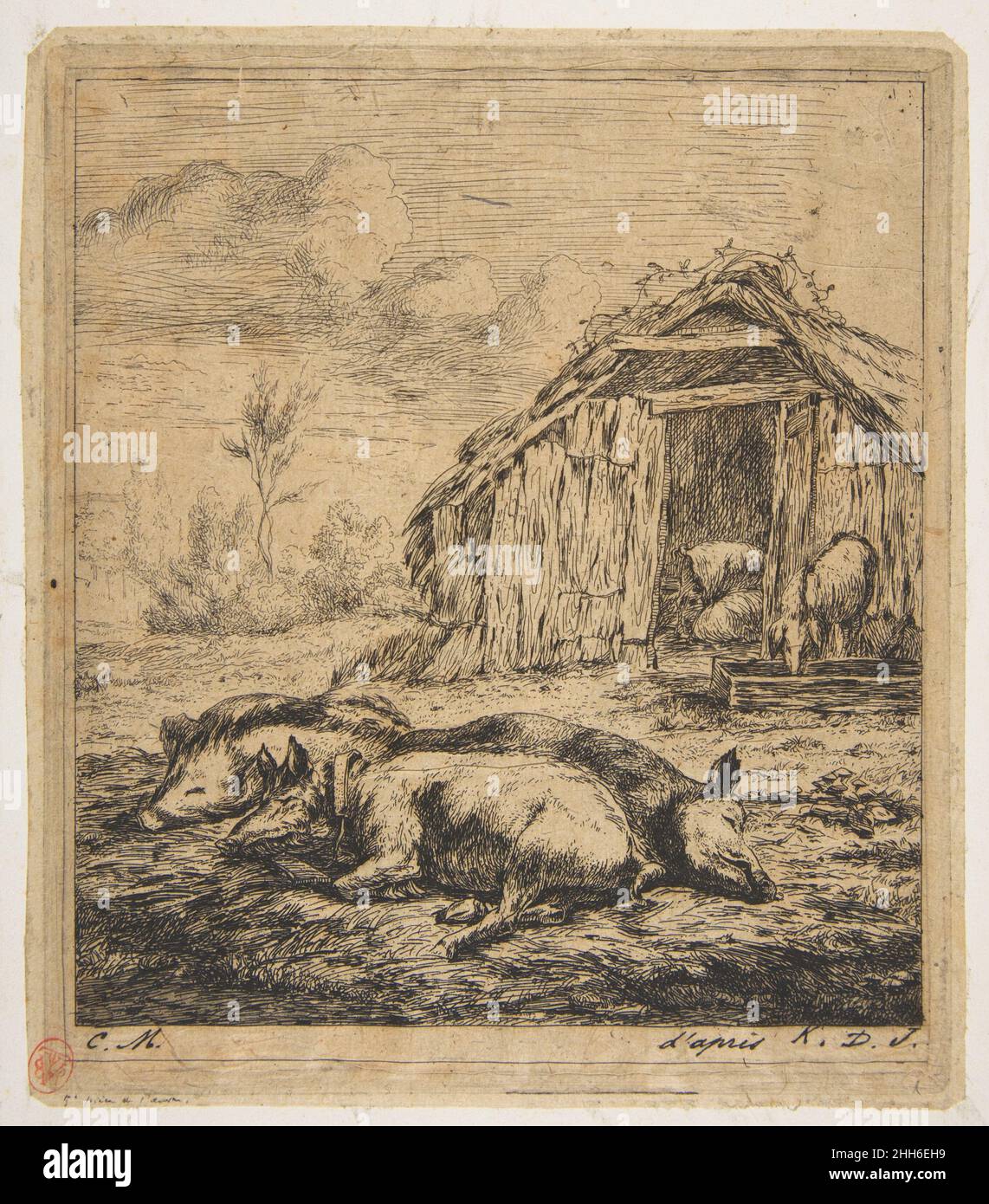 Three Pigs Lying in Front of a Shed 1850 Charles Meryon French. Three ...