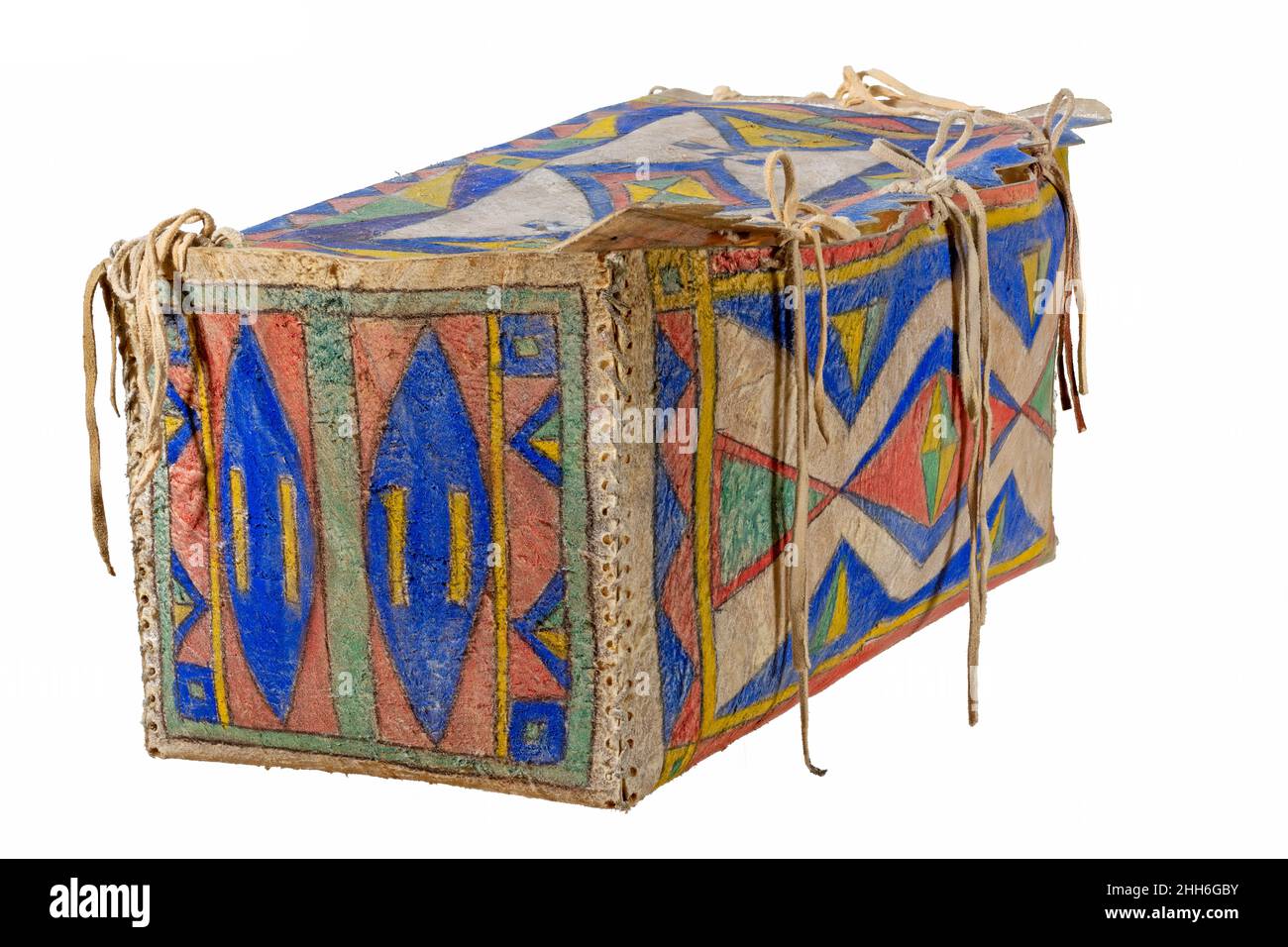 Transport box made of rawhide indian painted with leather cords ...