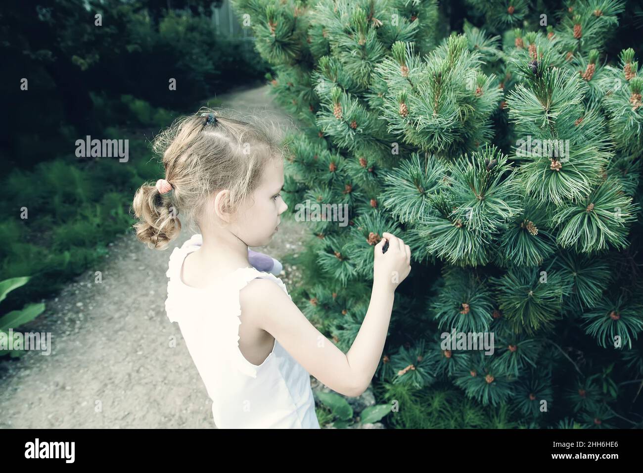 Adorable girl walking in spring park and exploring plants Stock Photo ...