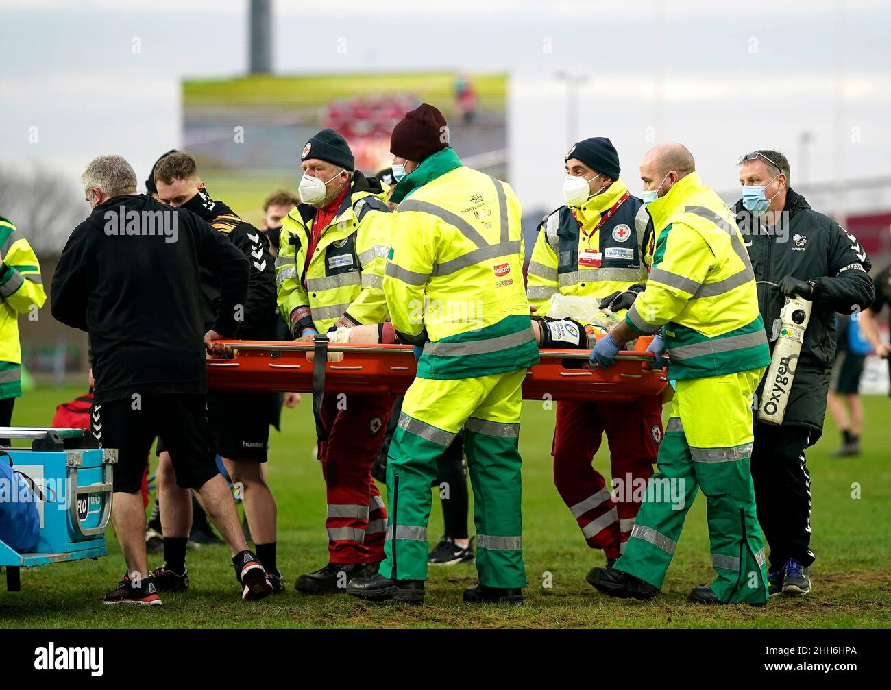 Wasps' Thomas Young is stretched off due to an injury during the ...
