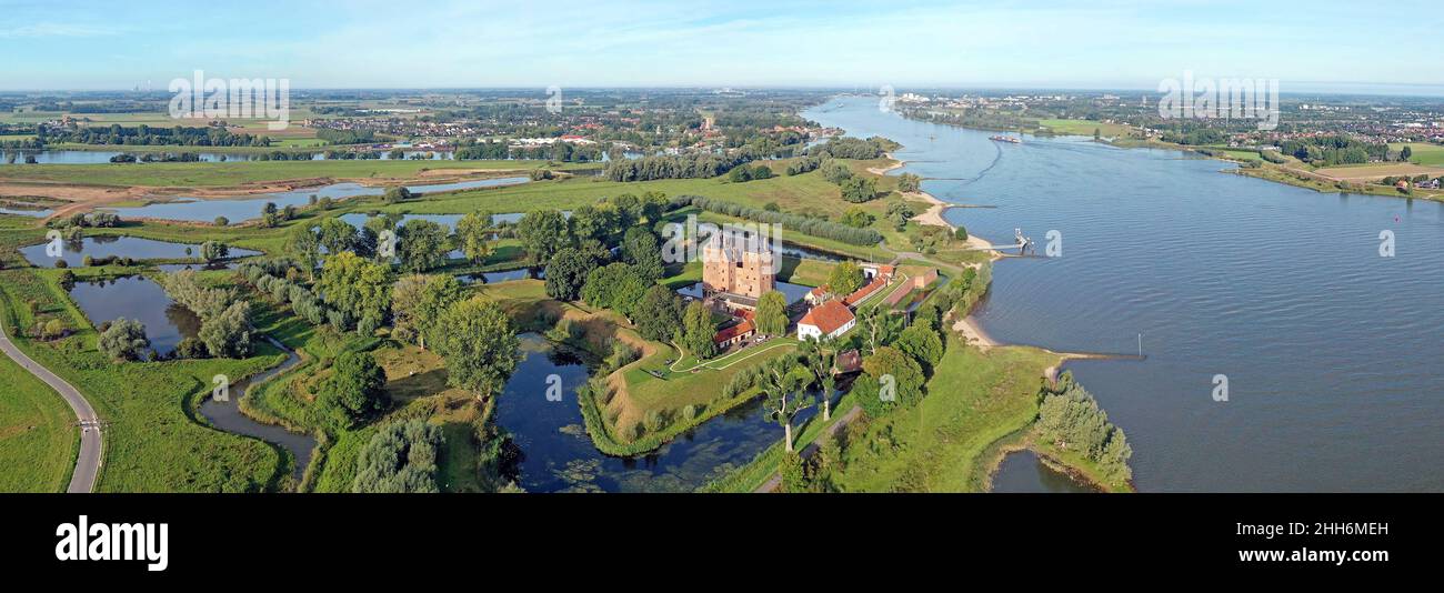 Aerial panorama from castle Loevestein and the river Merwede in the ...