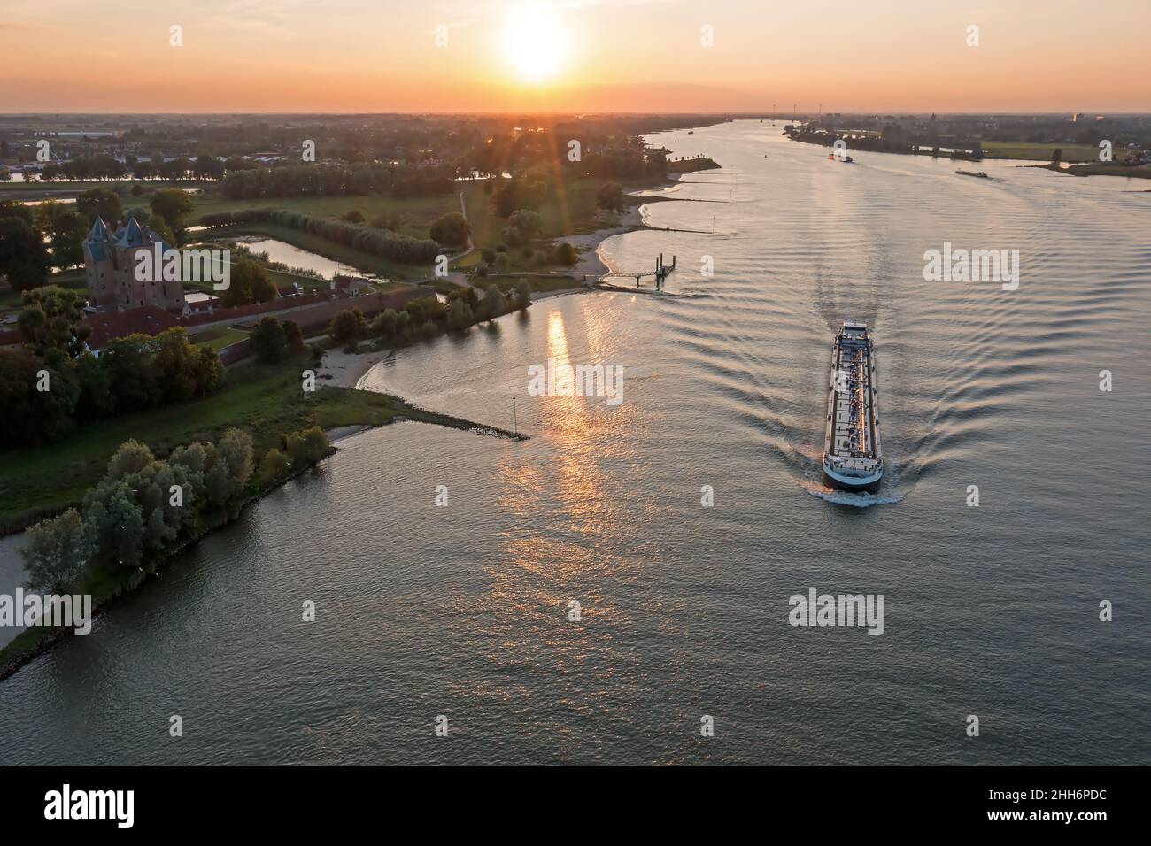 Aerial from castle Loevestein and the river Merwede in the Netherlands ...