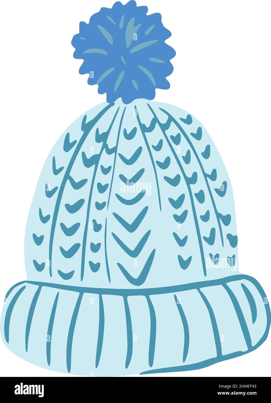 Blue cap from wool isolated on white background. Cap with pompon sketch ...