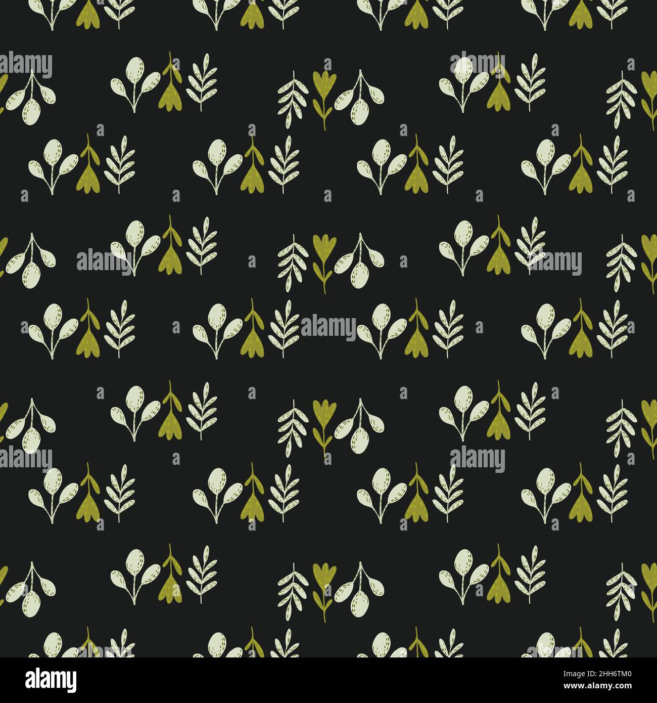 Dark botanic ornament seamless doodle pattern. Forest elements on black ...