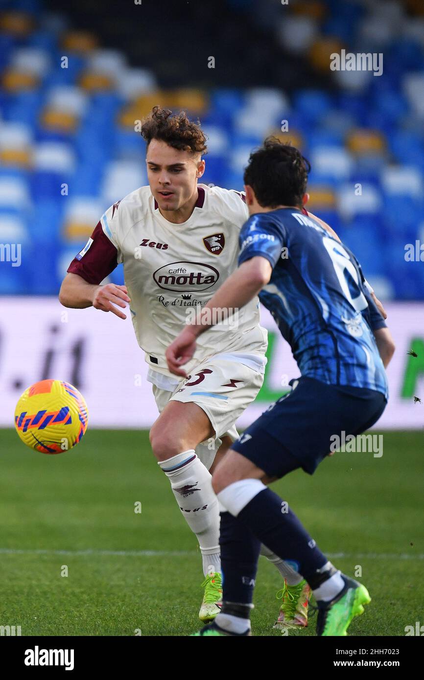 Salernitana's forward Edoardo Vergani compete for the ball with Napoli's defender Mario Rui ...