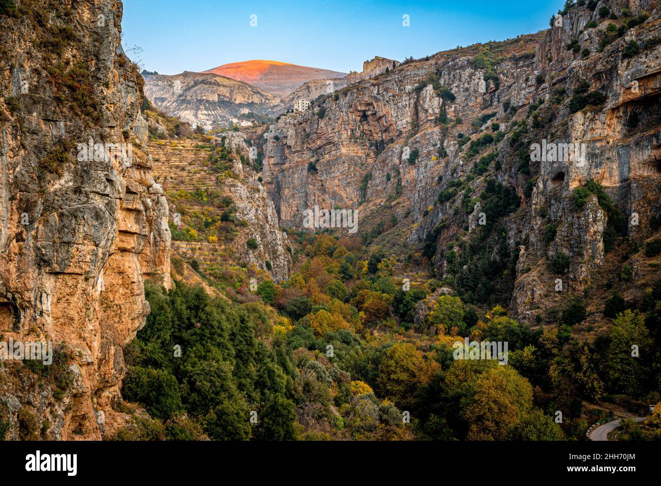 Majestic sunset in the mountains landscape. Wadi Kadicha Bchareh ...
