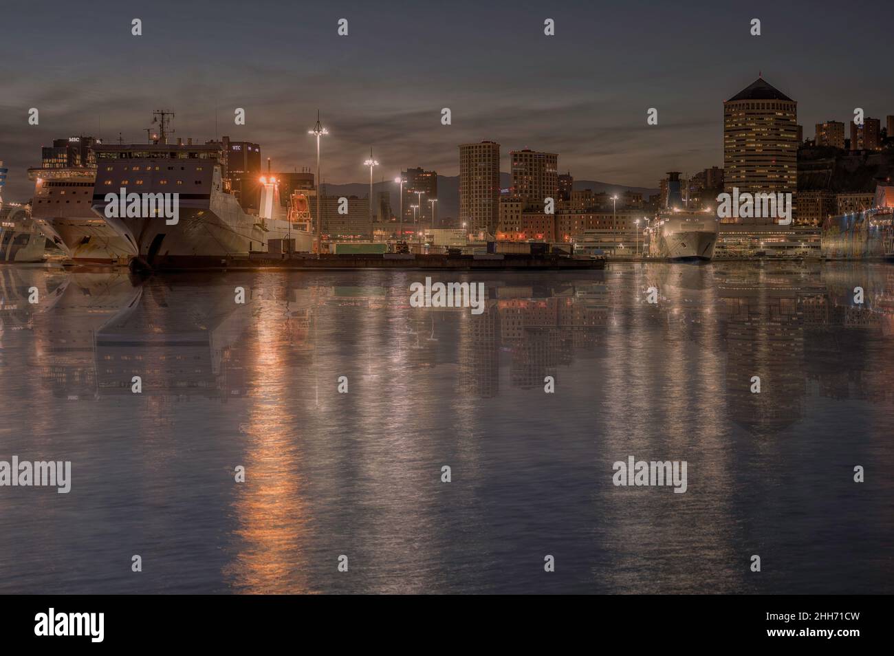 the beautiful Genoa with a view of the Old Port in the evening, magic ...