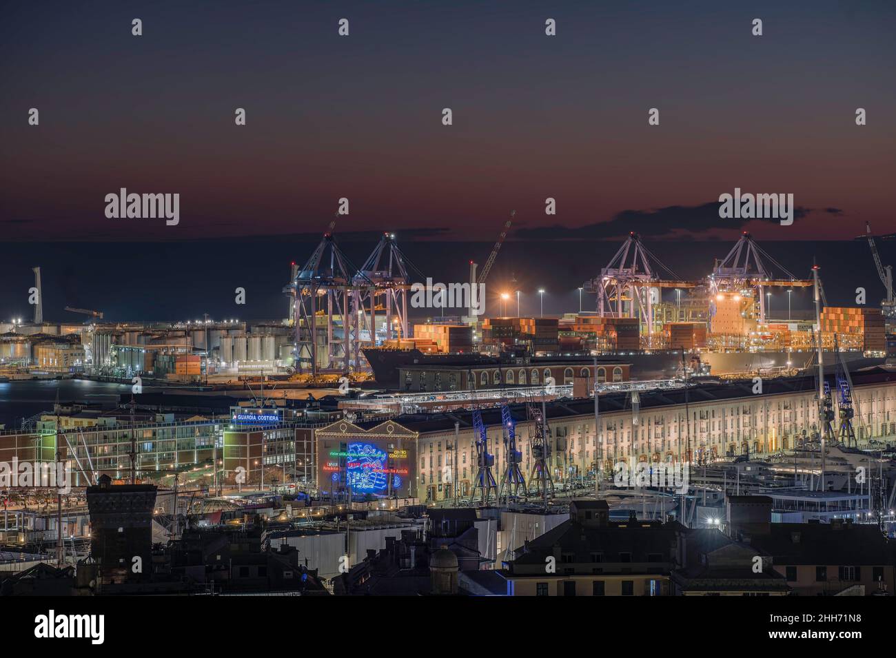 the beautiful Genoa with a view of the Old Port in the evening, magic ...