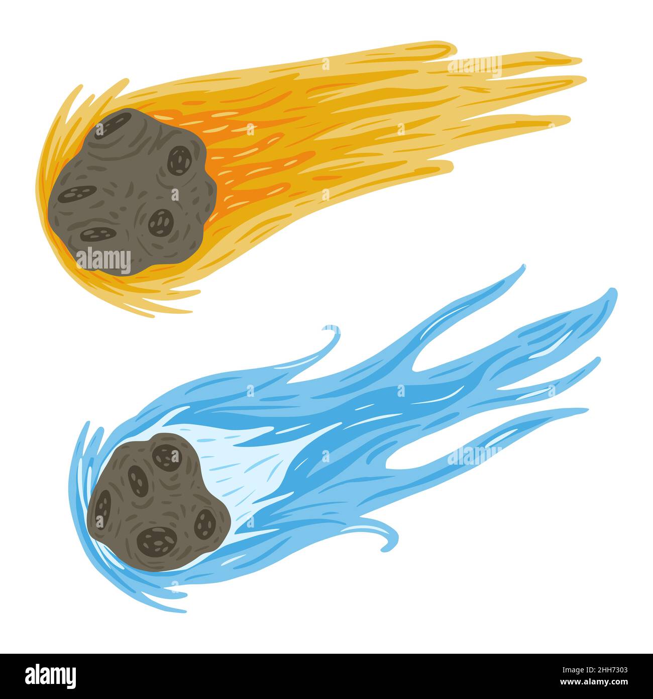Set comet fly on white background. Meteor yellow and blue color in ...