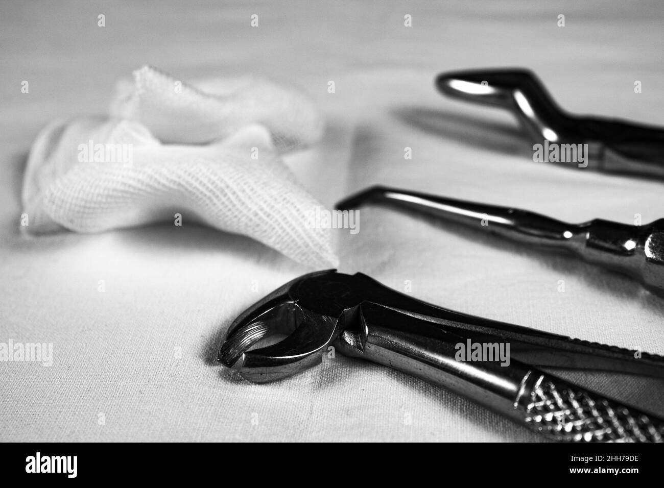Dentist Instruments and Tools lie on the table. Set of metal medical ...