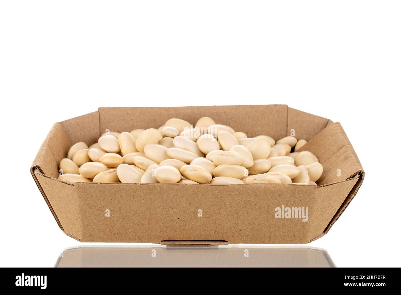 Lots of organic white beans in a paper plate, close-up, isolated on ...