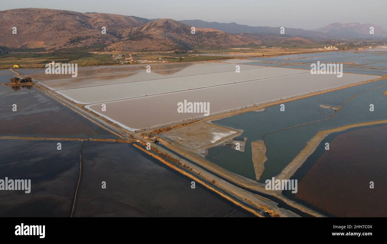 Aerial drone view of Mesologgi saltworks in the lagoon of Mesologgi ...