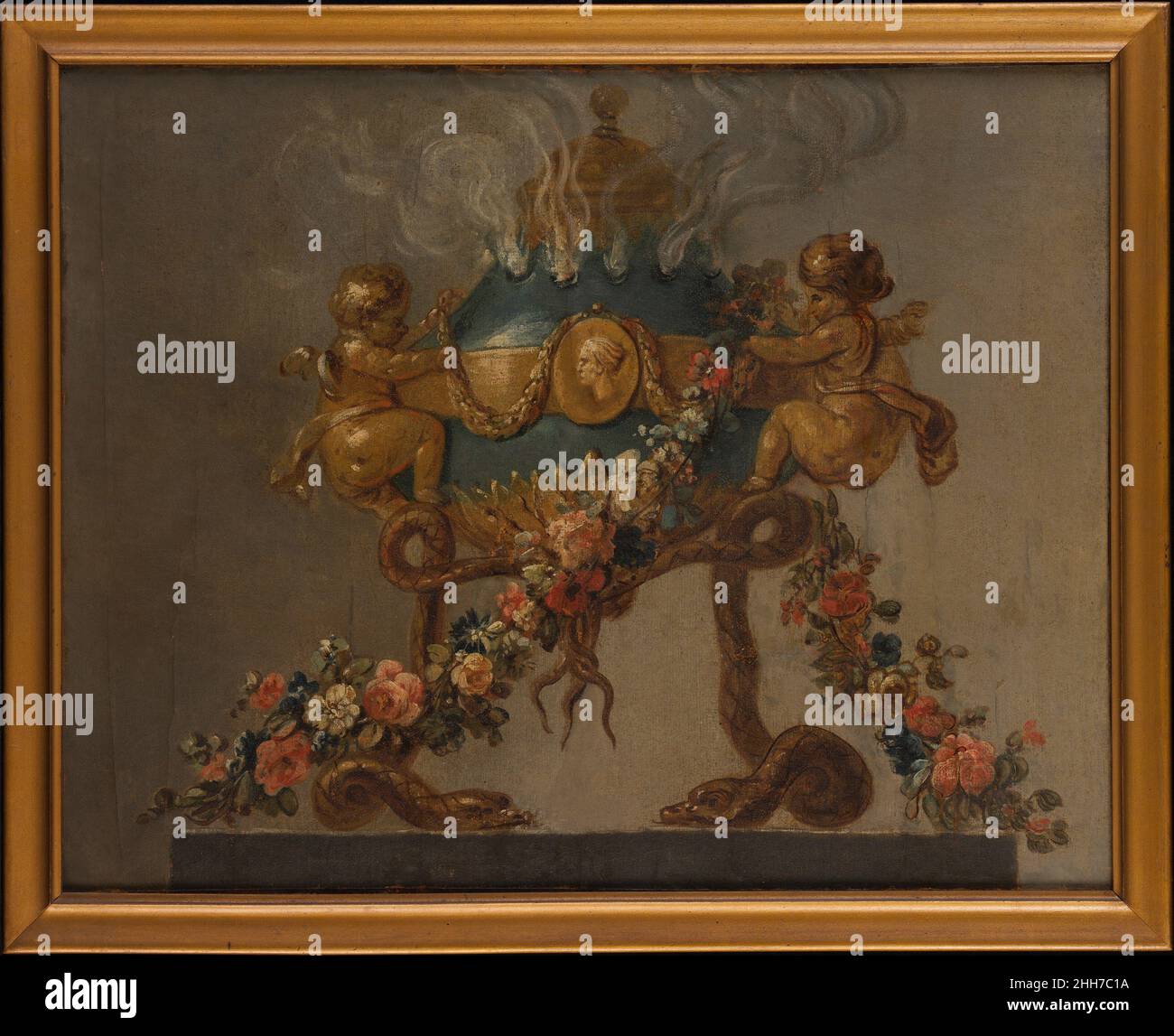 Perfume-burner supported by amorini and serpents and garlanded with ...