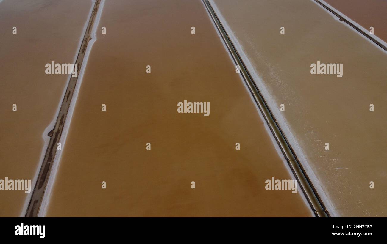 Aerial drone view of Mesologgi saltworks in the lagoon of Mesologgi ...