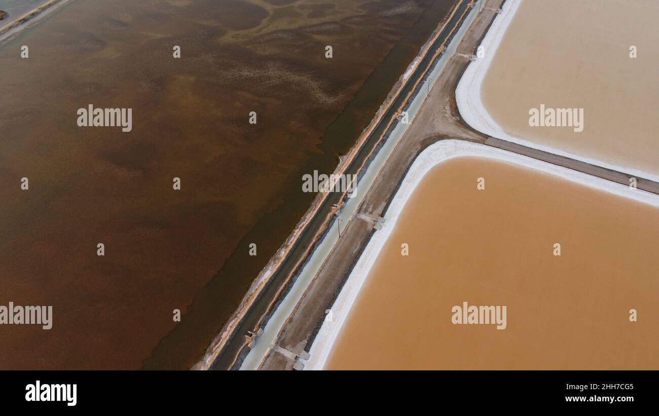 Aerial drone view of Mesologgi saltworks in the lagoon of Mesologgi ...